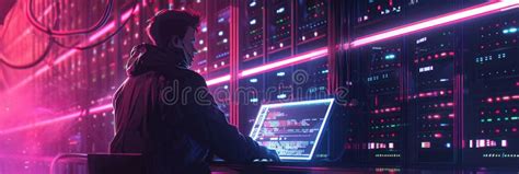 A Hacker Works Intently At A Glowing Computer Screen Surrounded By