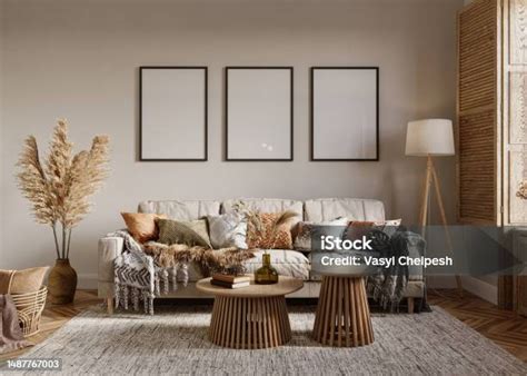 나무 창문 아늑한 소파 모형 프레임 3d 렌더링이 있는 현대적인 거실 인테리어 배경 거실에 대한 스톡 사진 및 기타 이미지 거실 모던 양식 0명 Istock