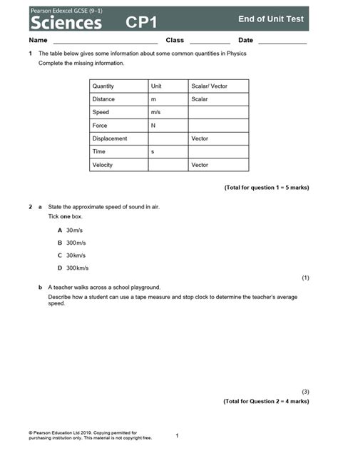 Name Class Date End Of Unit Test Pdf Speed Velocity