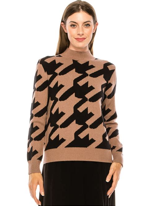Large Houndstooth Pattern Sweater In Taupe Modest Women Clothing