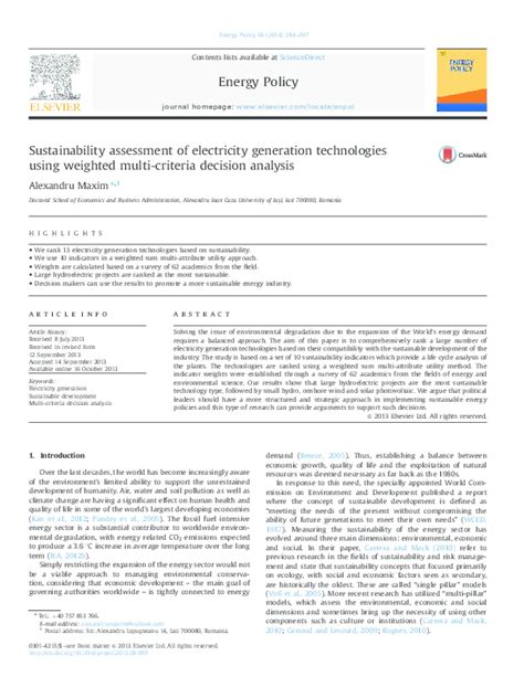 Pdf Sustainability Assessment Of Electricity Generation Technologies Using Weighted Multi