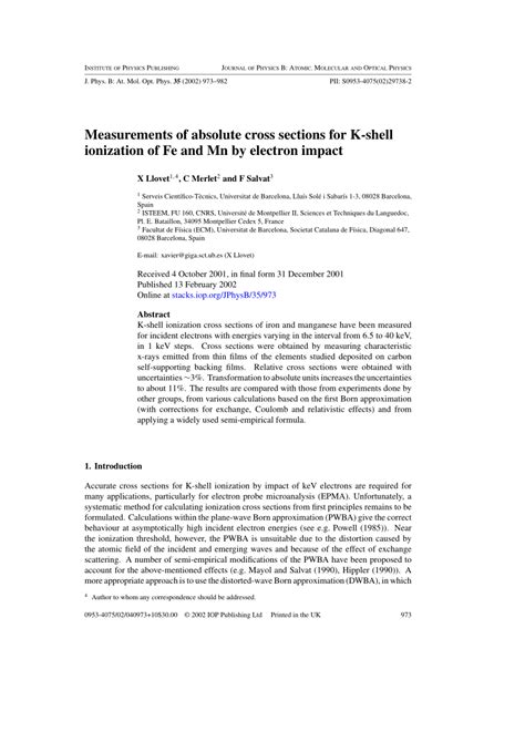 Pdf Measurements Of Absolute Cross Sections For K Shell Ionization Of Fe And Mn By Electron Impact