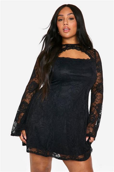 Plus Lace Flared Sleeve Skater Dress Boohoo Uk