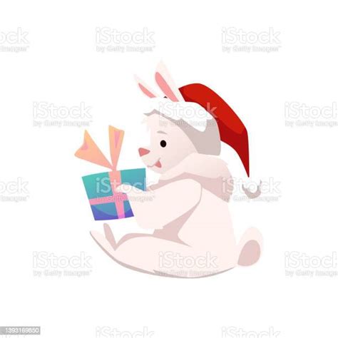 선물 상자와 산타 빨간 모자에 귀여운 흰 토끼 벡터 일러스트 레이 션 가공의 인물에 대한 스톡 벡터 아트 및 기타 이미지