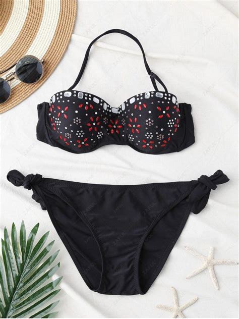 23 Off 2021 Bandeau Rhinestone Bikini Set In Black Zaful