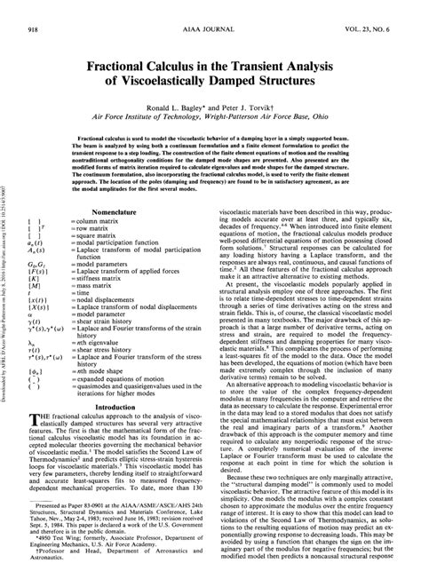 Pdf Fractional Calculus In The Transient Analysis Of Viscoelastically Damped Structures