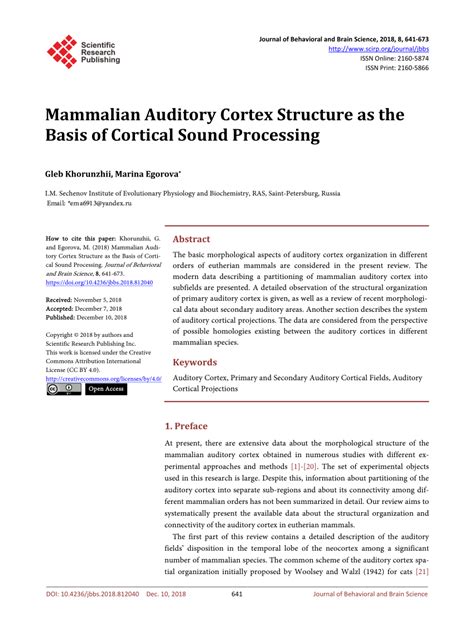 PDF Mammalian Auditory Cortex Structure As The Basis Of Cortical Sound Processing