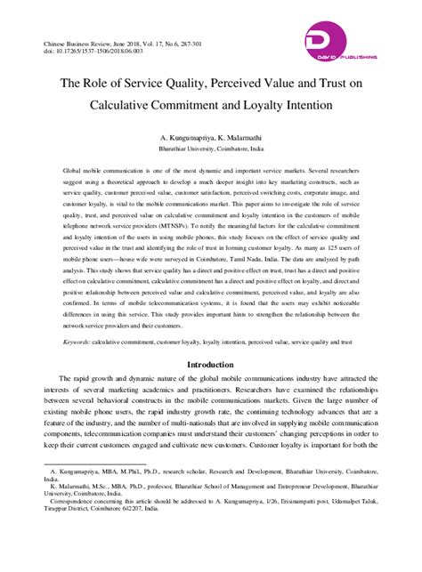 Pdf The Role Of Service Quality Perceived Value And Trust On Calculative Commitment And