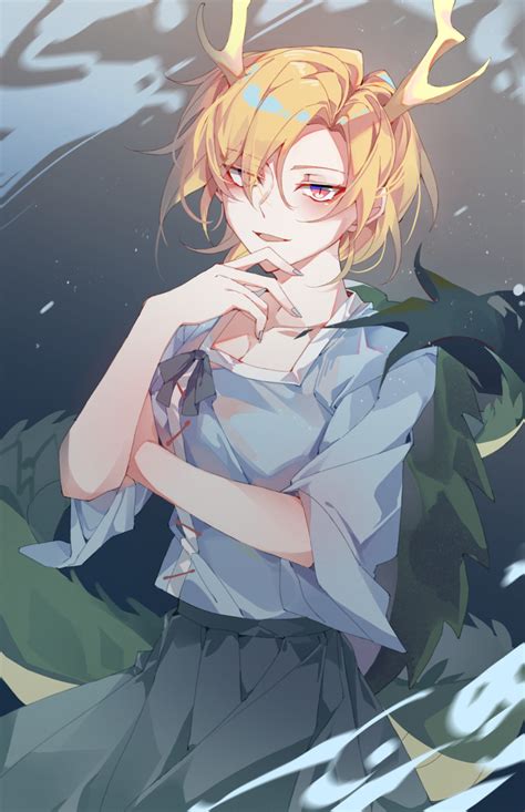 Safebooru 1girl Absurdres Antlers Blonde Hair Blue Shirt Dragon Girl