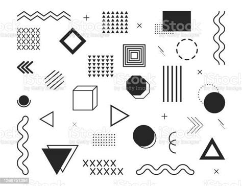 디자인 요소입니다 기하학적 모양 추상 그래픽 패턴입니다 검은 점 선 웨이브 삼각형 흰색 배경에 원 80 년대 90 년대에서 벽지 노트북을 위한 현대적인 미니멀 한 장식 벡터