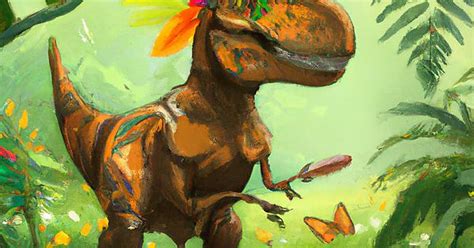 T Rex With Feathers In A Lush Jungle Surrounded By Prehistoric Bug