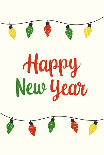 밝은 축하 분위기를 위해 새해 복 많이 받으세요를 기원하는 조명과 축제 텍스트가 있는 다채로운 인사말 카드 0명에 대한 스톡 벡터 아트 및 기타 이미지 Istock