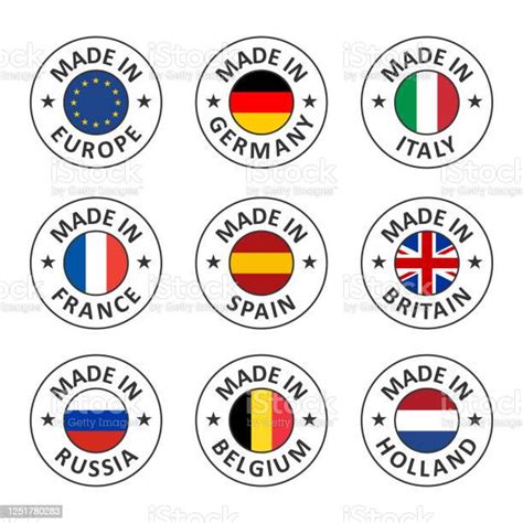 독일 프랑스 이탈리아 스페인 벨기에 러시아 네덜란드 영국 및 유럽 연합에서 만든 벡터 아이콘 세트 Eu 국가 플래그 라벨 스탬프 만들기에 대한 스톡 벡터 아트 및 기타