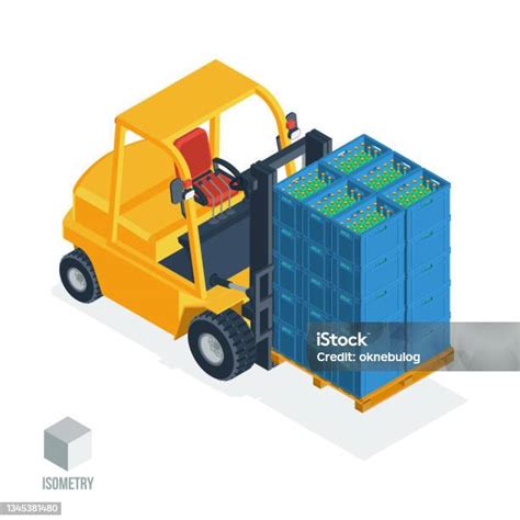 화물이있는 지게차 트럭 흰색 배경의 플랫 스타일로 Isometric 3d 벡터 그림입니다 등측투영법에 대한 스톡 벡터 아트 및 기타 이미지 Istock