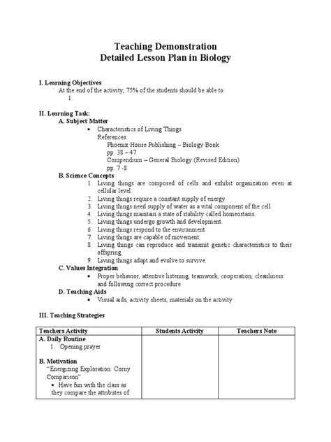 Teaching Demonstration Lesson Plan Pdf Life Biology
