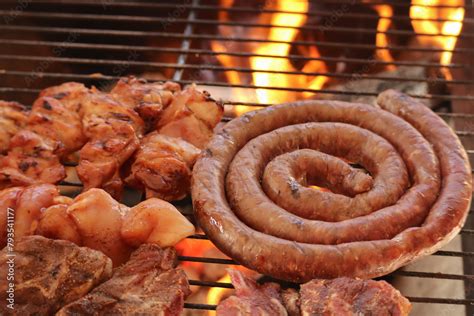 Sausages On A Grill South African Braai Meat Including Boerewors