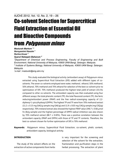 Pdf Co Solvent Selection For Supercritical Fluid Extraction Of