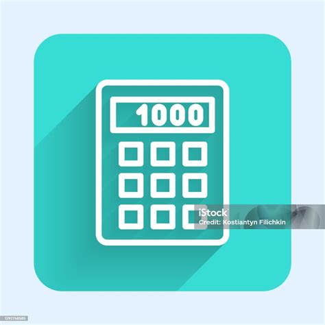 긴 그림자로 격리된 화이트 라인 계산기 아이콘입니다 회계 기호입니다 비즈니스 계산 수학 교육 및 금융 녹색 정사각형 버튼입니다 벡터 0명에 대한 스톡 벡터 아트 및 기타