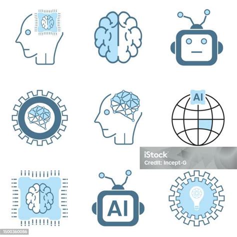 현대 Ai 아이콘 기호 그룹입니다 인공 지능 줄 지어 스타일 사이버네틱 Ai 머리 기술 벡터 세트 개념에 대한 스톡 벡터 아트