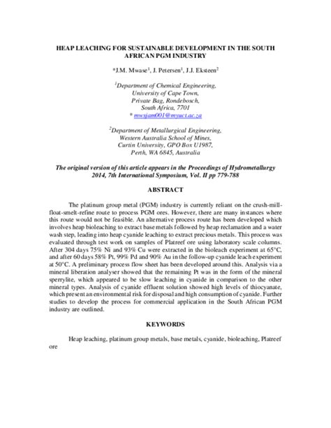 Pdf Heap Leaching For Sustainable Development In The South African Pgm Industry