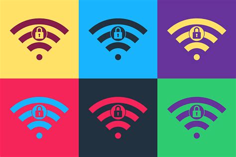 팝 아트 와이파이 는 색상 배경에 격리 된 기호 아이콘을 잠갔습니다 암호 Wifi 기호입니다 무선 네트워크 아이콘입니다 와이파이 존 벡터 0명에 대한 스톡 벡터 아트 및