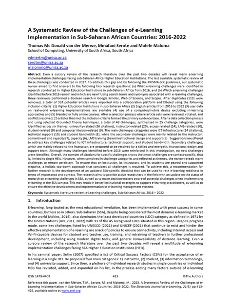 A Systematic Review Of The Challenges Of E Learning Implementation In Sub Sahara Pdf