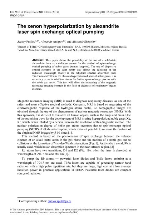 PDF The Xenon Hyperpolarization By Alexandrite Laser Spin Exchange