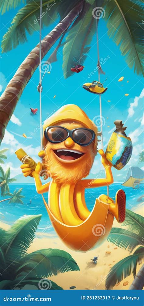 Anthropomorphized Banana On The Beach Swinging In A Hammock In Hawaii