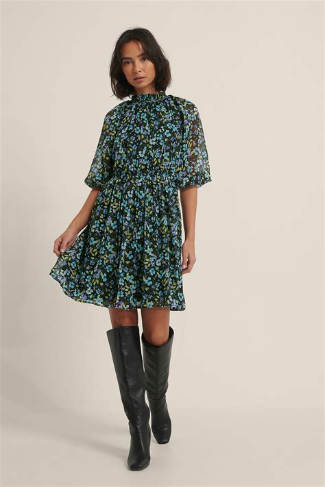 High Neck Elastic Waist Puff Dress Flower Na Kd