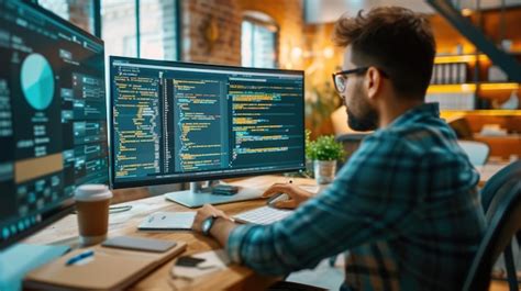 Premium Photo Software Developer Working On Code In Dual Monitor