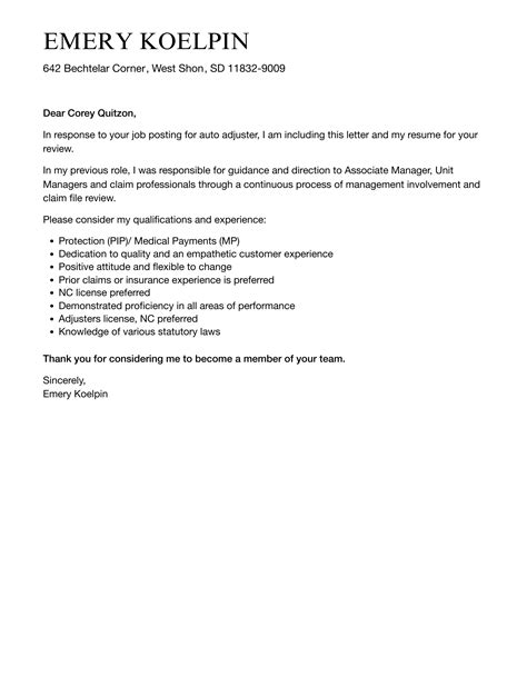Auto Adjuster Cover Letter Velvet Jobs