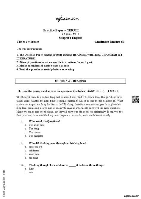 Class 8 English Mid Term Sample Paper 2024 Download Pt1 Term 1 Practice Paper Aglasem