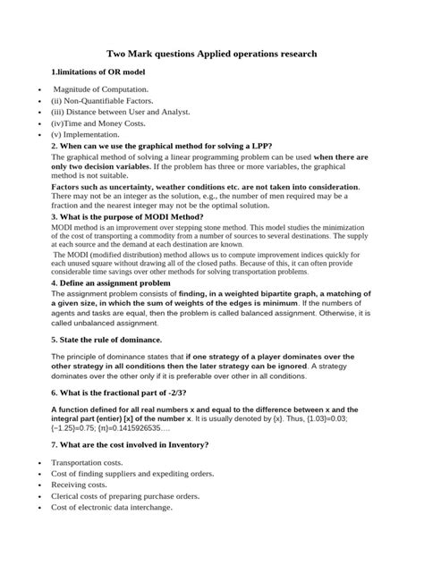Two Mark Questions Applied Operations Research Pdf