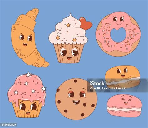 귀여운 만화 캐릭터 과자를 수집합니다 그루비 레트로 과자 크루아상 컵케익 도넛 초콜릿 칩 쿠키 및 마카롱 벡터 그림입니다 격리