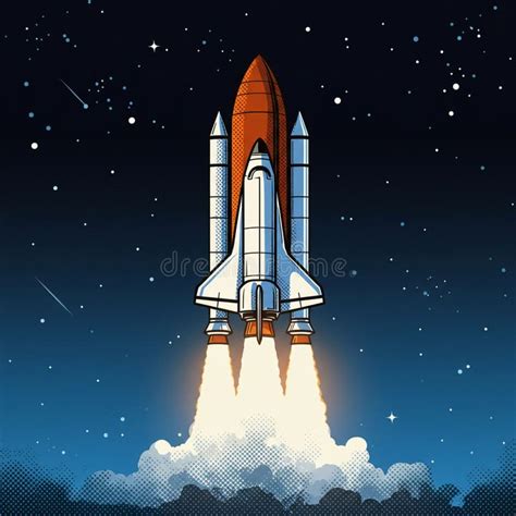 Space Shuttle Launching Into Starry Sky Depicted In A Comic Book Style
