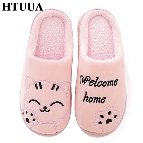 Htuua Cute Cartoon Cat Couples Cotton Slippers Women Unisex Indoor Home
