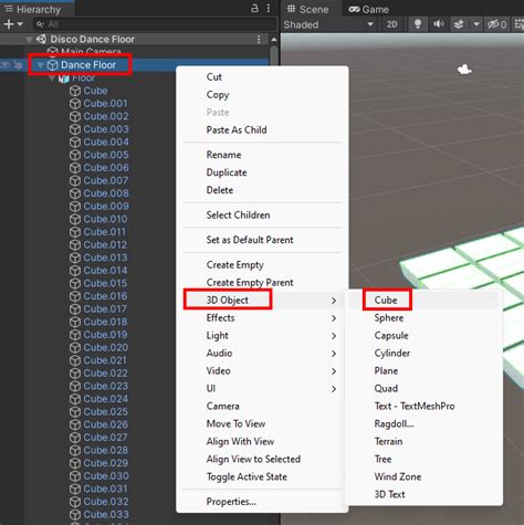 The Hierarchy Window With The Dance Floor Gameobject Expanded Inside