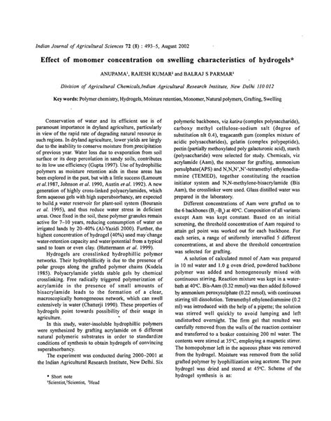 Pdf Effect Of Monomer Concentration On Swelling Characteristics Of Hydrogels