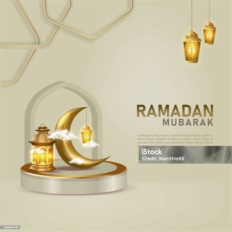 황금빛 달과 등불이 연단 무대 라마단 무바라크 배경에 있다 이슬람 3d 렌더링 아트 0명에 대한 스톡 벡터 아트 및 기타 이미지
