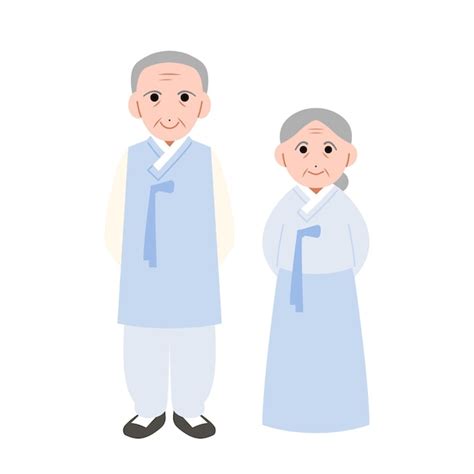 한복을 입은 한국 전통 의상을 입은 은 부부의 일러스트레이션 만화 스타일 캐릭터 그림 프리미엄 벡터