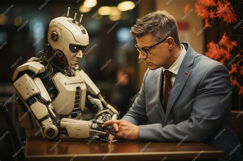 premium ai image a robot meets with a human at the office desk