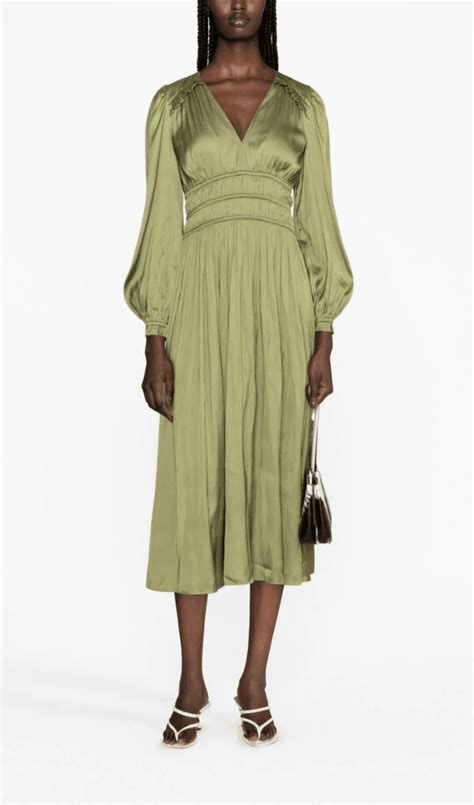 Green Puff Sleeve Satin Midi Dress