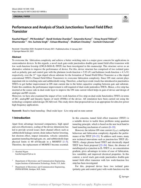 Performance And Analysis Of Stack Junctionless Tunnel Field Effect Transistor Request Pdf