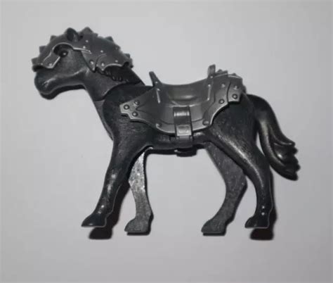 PLAYMOBIL CHEVAL GRIS Noir Chevalier Selle Cagoule Armure Argent Silver Metal EUR