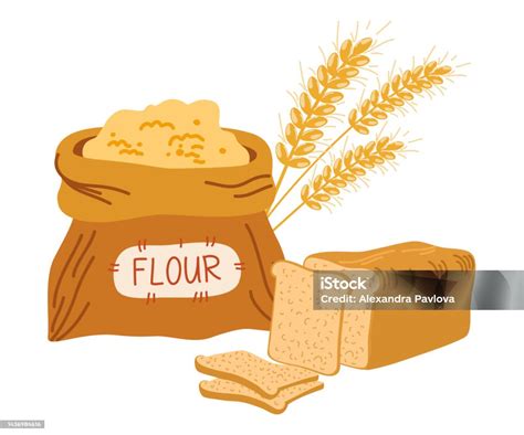 가방 밀가루 밀 귀와 빵 밀 호밀 호밀 귀 농업 빵 수확의 상징 전체 곡물 효모 구운 빵 음식 기호입니다 전체 줄기 유기농 채식 요소 벡터 그림입니다 1위에 대한 스톡 벡터