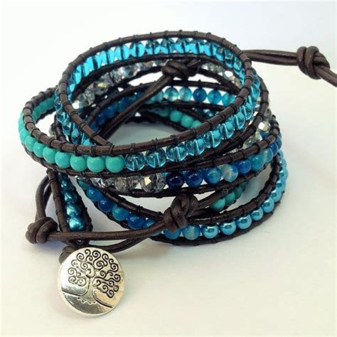 Turquoise And Blue Stripe Agate Beaded Leather 5 Wrap Bracelet Etsy