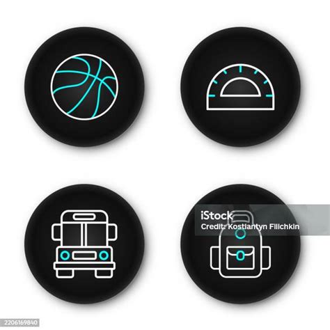 라인 설정 학교 배낭 버스 각도기 그리드 및 농구 공 아이콘 벡터 가방에 대한 스톡 벡터 아트 및 기타 이미지 가방 각도 공 스포츠 장비 Istock