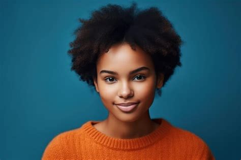 Premium Ai Image Portrait Of Satisfied Dark Skinned Female Model With Afro Haircut Gentle