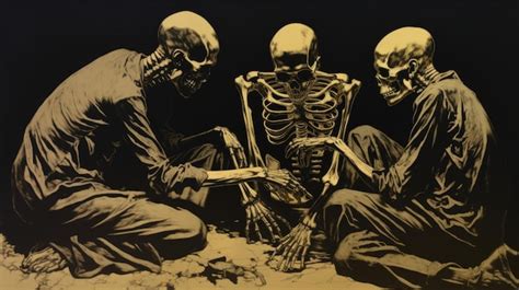 Premium Photo Bold Neoclassicism Print With Three Skeletons On Dark
