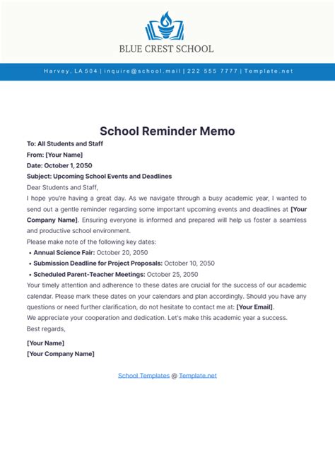 Free School Reminder Memo Template To Edit Online